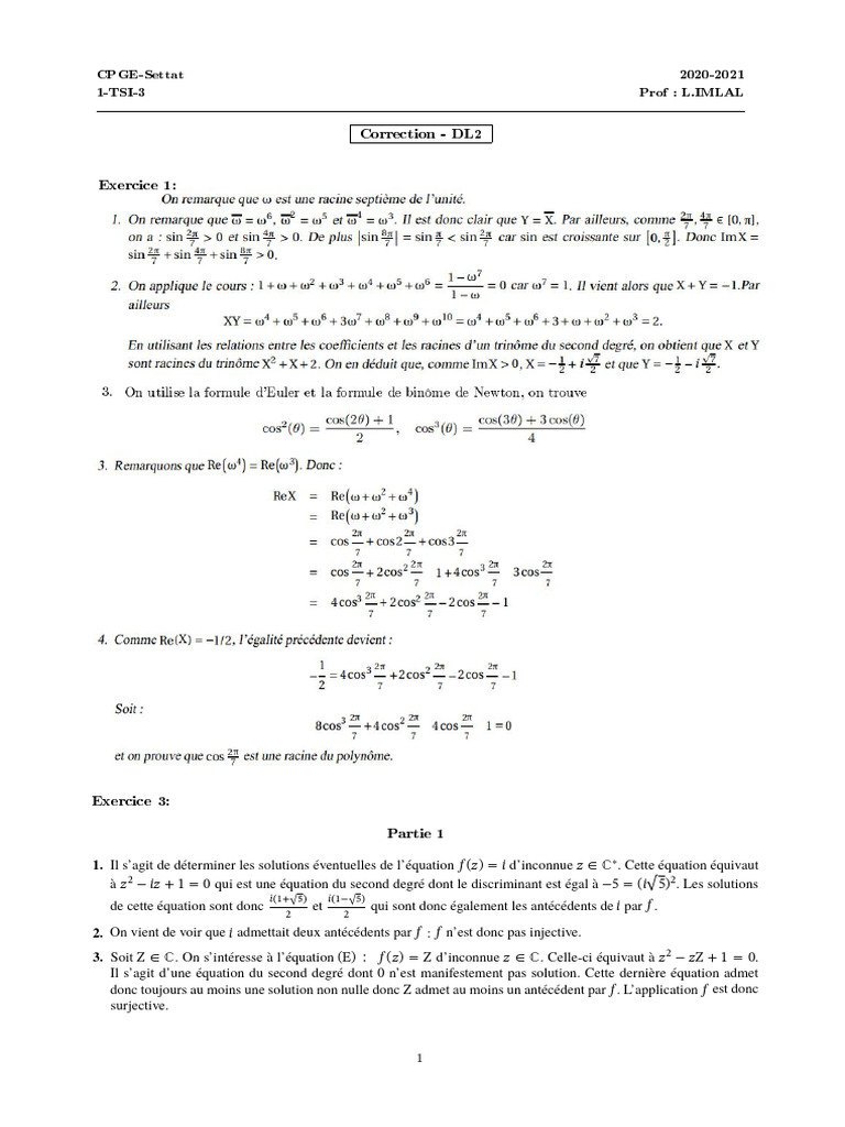 Correction DL2 | PDF | Nombre complexe | Équation du second degré