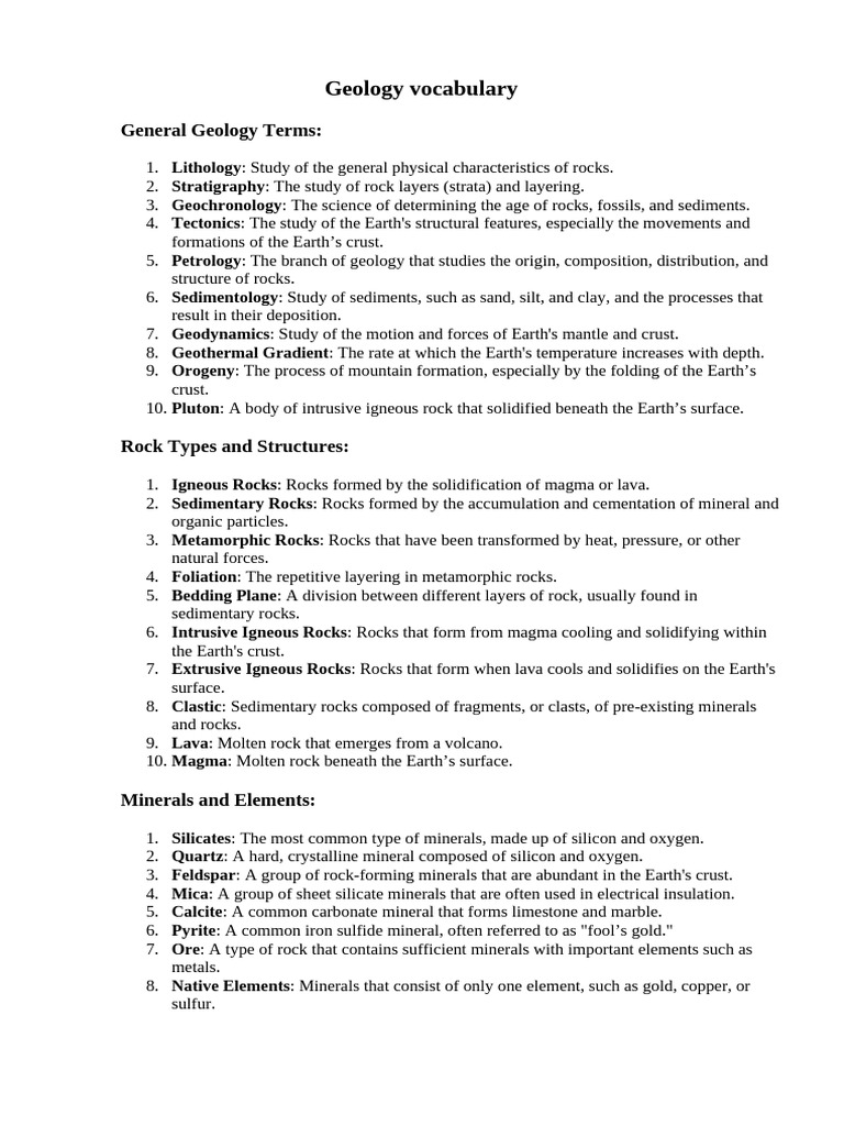 Geology vocabulary | PDF | Rock (Geology) | Minerals