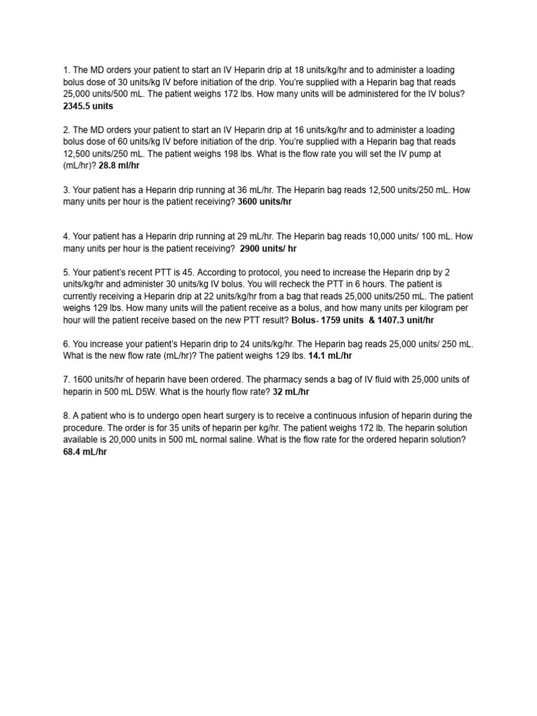 Answer Key Heparin Drip Calculation Practice Problems | PDF ...