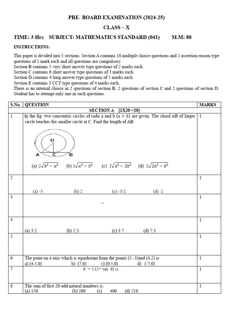 Maths Stand. X - QP - Pre-Board Set II | PDF | Circle | Angle