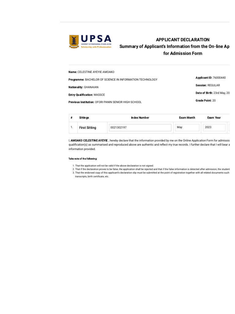 UPSA Admission Form Summary 2023 | PDF