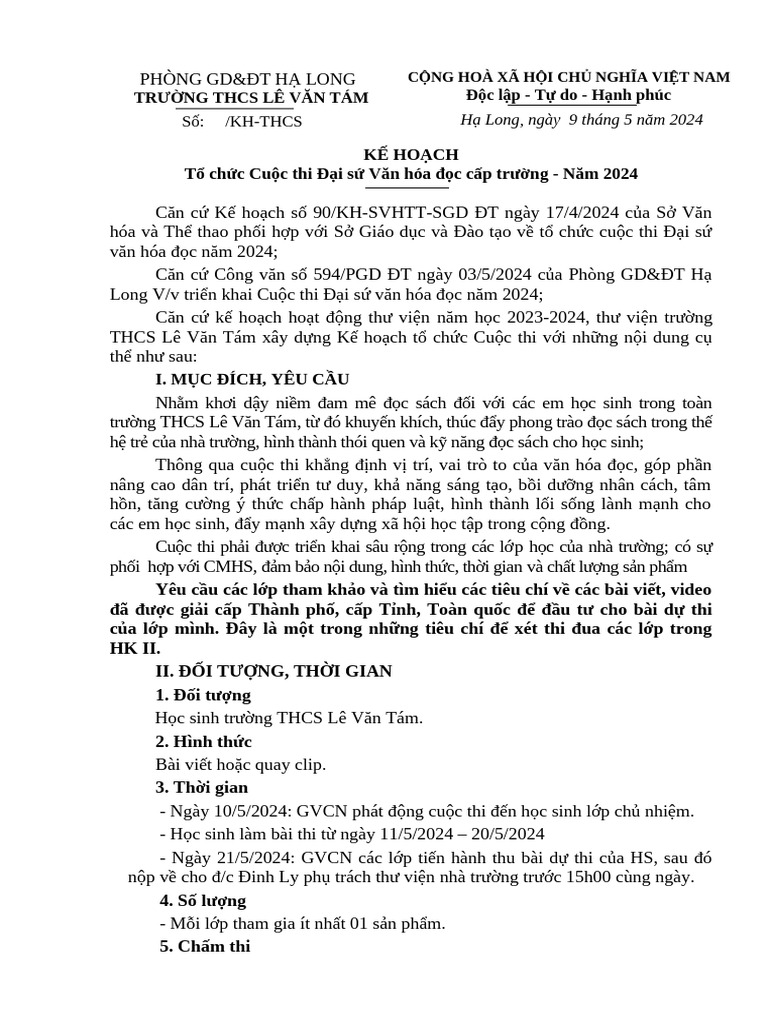 KH ĐẠI SỨ VĂN HÓA ĐỌC NĂM 2024 - LVT | PDF