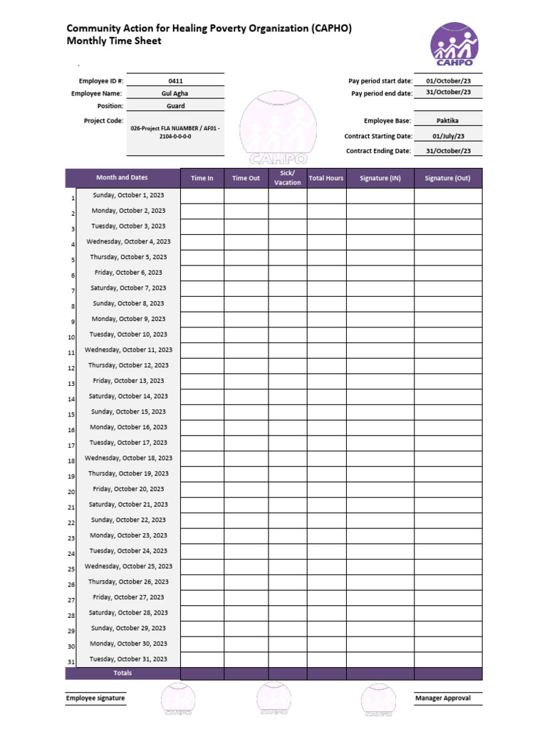 CAPHO Employee Timesheet | PDF