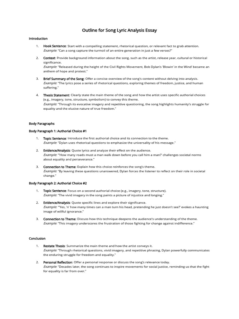 Song Lyric Analysis Essay Outline | PDF | Essays | Human Communication