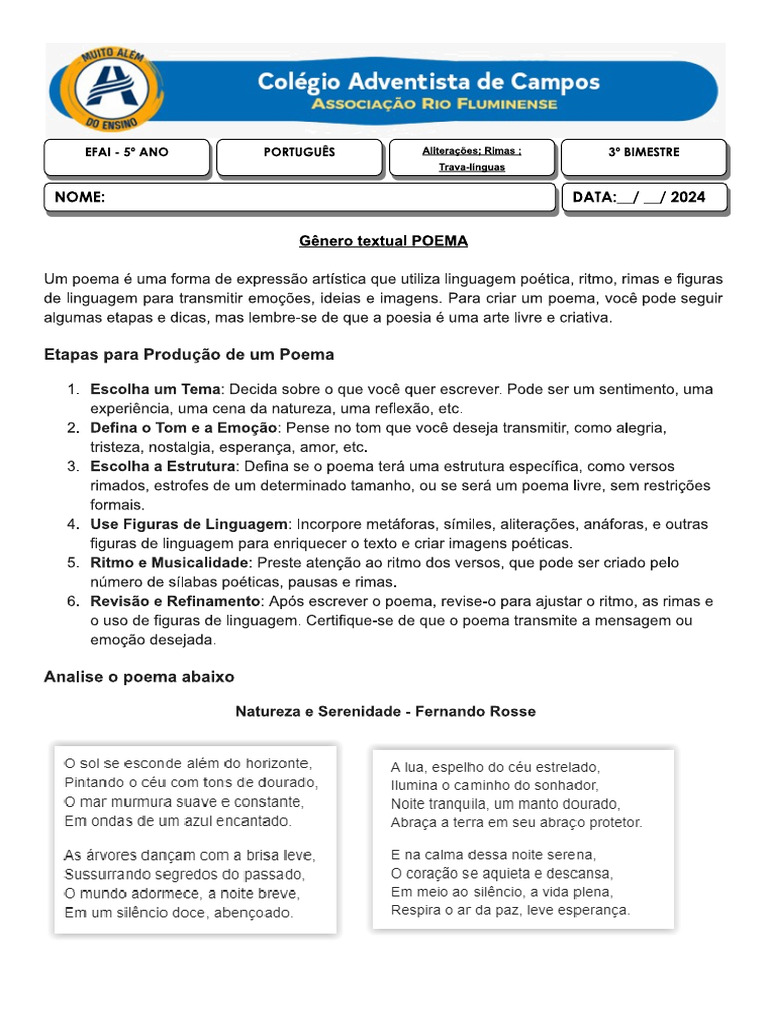 Atividade - Gênero Textual - Poema | PDF