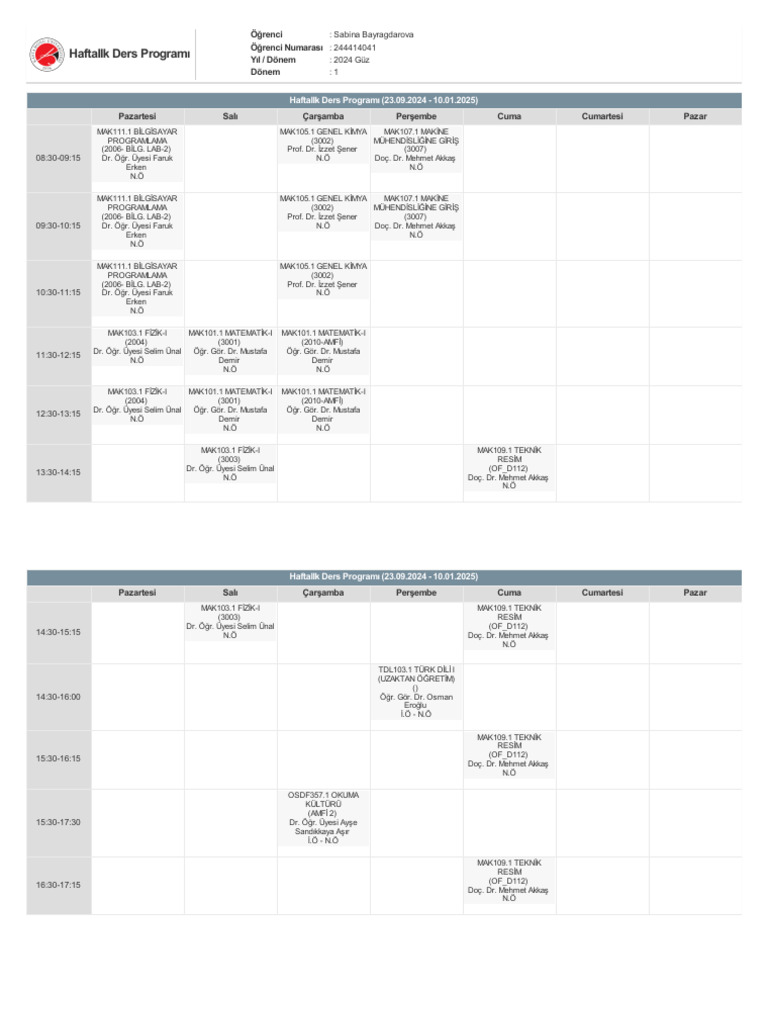 Hafta Lik Ders Program I | PDF