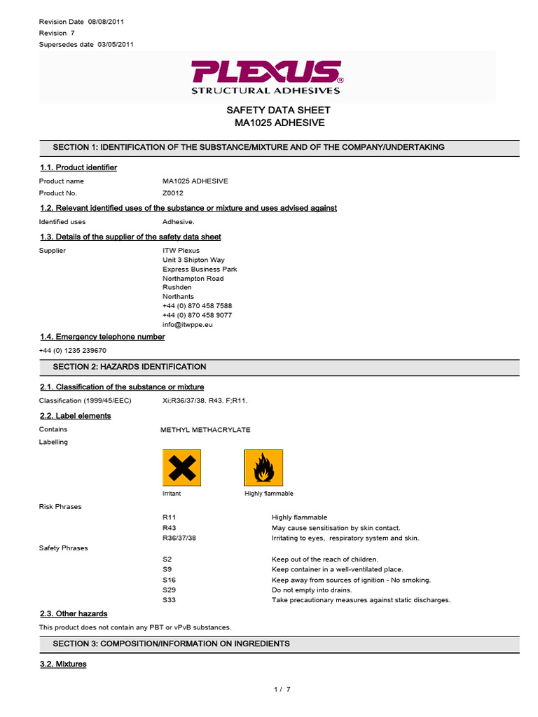 MA1025 Adhesive Safety Data Sheet | PDF | Personal Protective Equipment ...