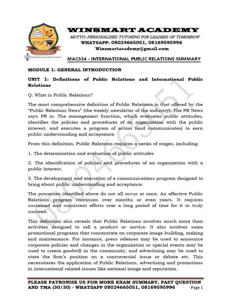 Mac334 International Public Relations Summary 08024665051 | PDF | Public Relations | Attitude ...