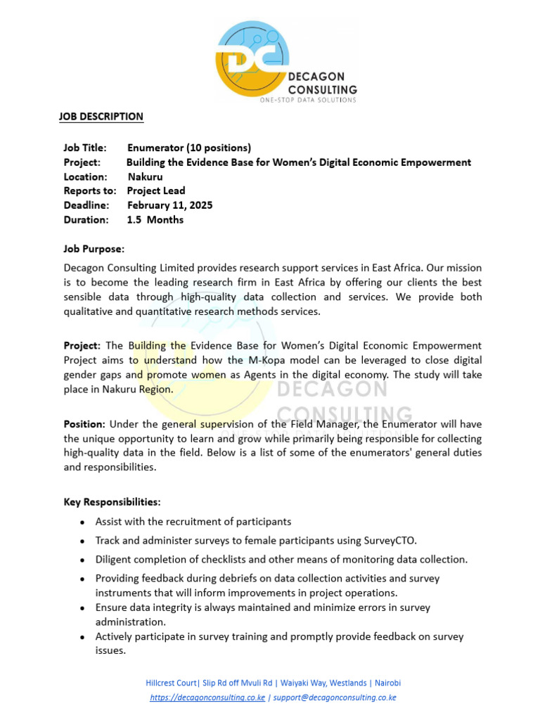 Enumerator Advert - WEE Project | PDF | Data Collection | Data