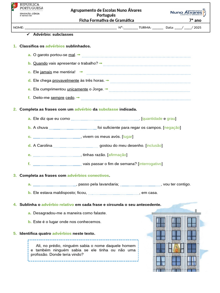 Gramatica Adverbio Subclasses FichaFormativaConsolidacao 7 Ano | PDF