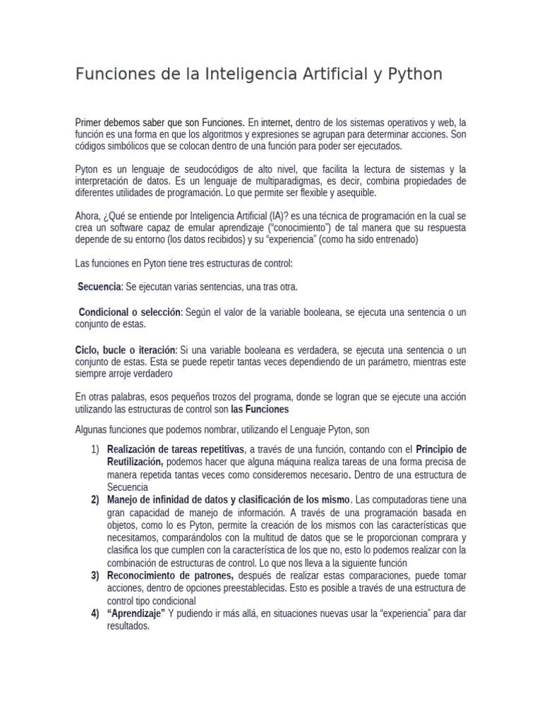 Funciones de la inteligencia artificial y Python | PDF | Lenguaje de programación | Inteligencia ...