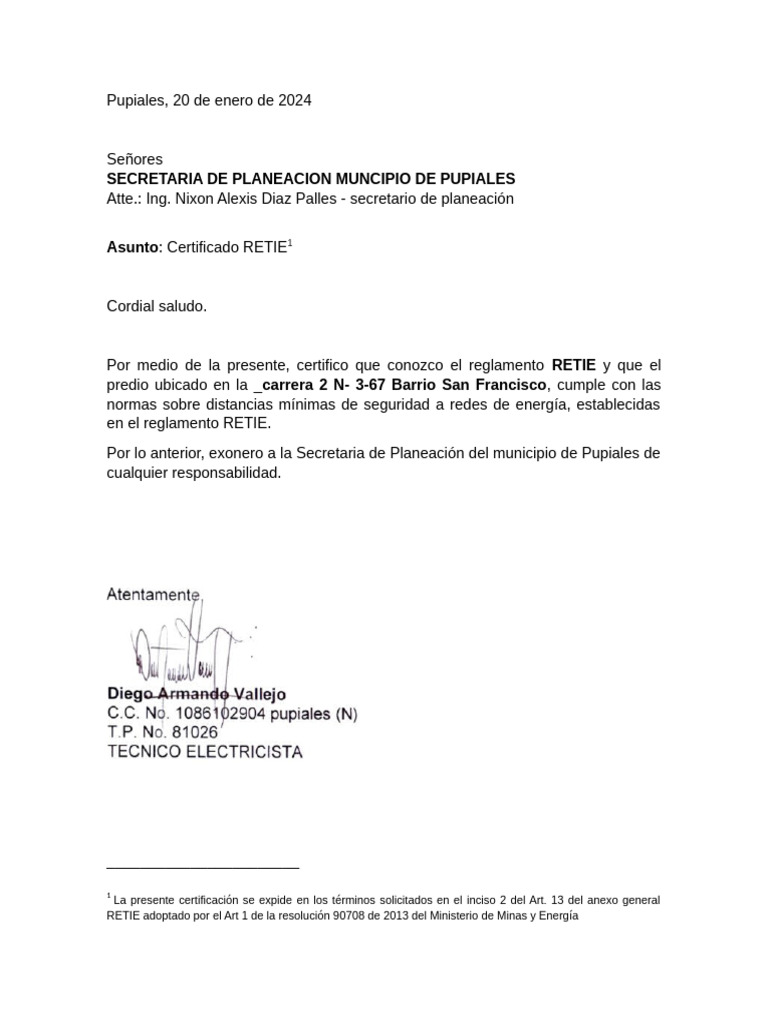 Certificación RETIE Predio Pupiales | PDF