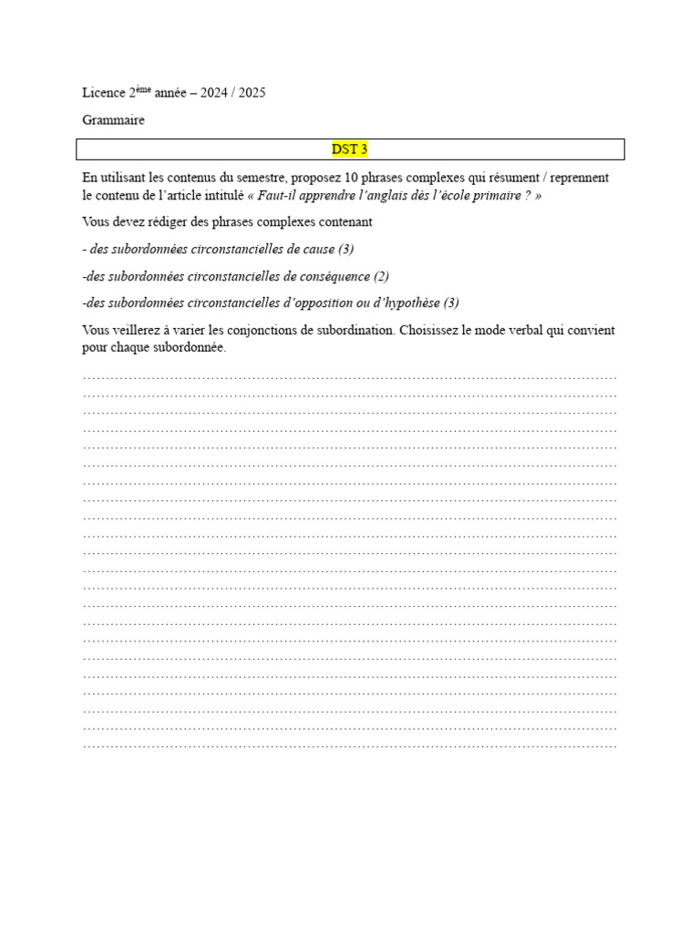 Sujet Grammaire DST 3 - L2 | PDF