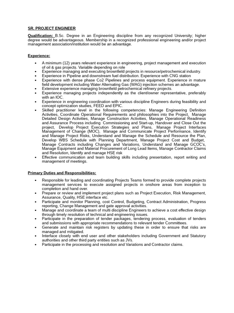 SR. PROJECT ENGINEER | PDF | Project Management | Business