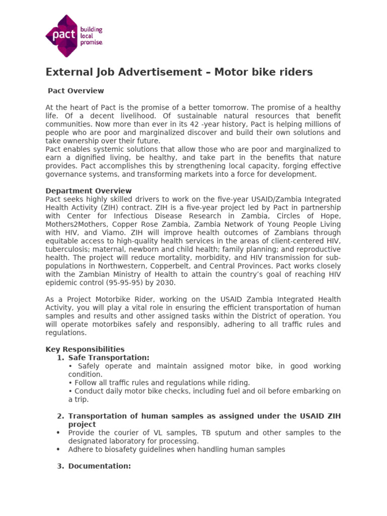 Motorbike Rider Job Opening in Zambia | PDF | Zambia | Fuel Economy In ...