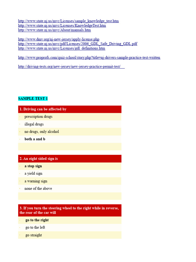 NJ Driver Knowledge Test Overview | PDF | Traffic | Driving