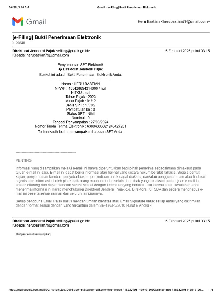 Bukti Penerimaan SPT 2023 Nihil | PDF