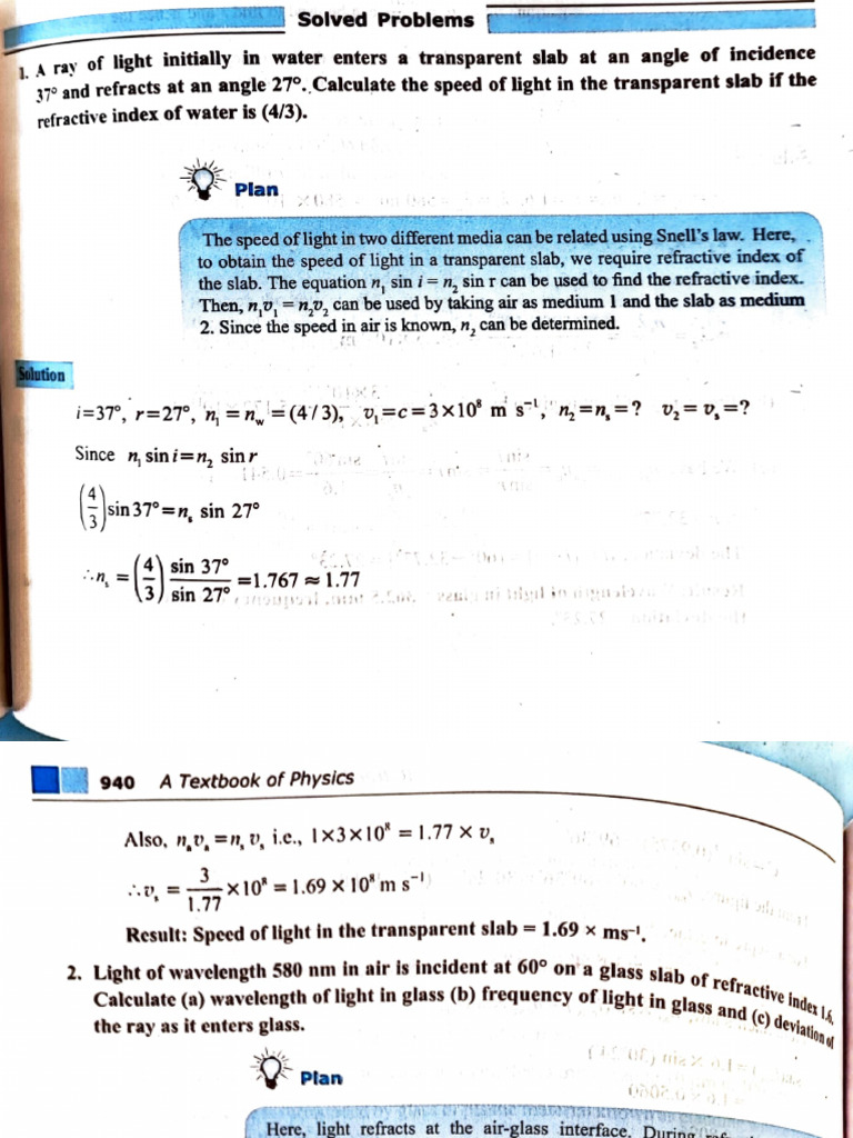 Refraction through a Plane (Problems with solns) (2) | PDF | Refractive Index | Refraction