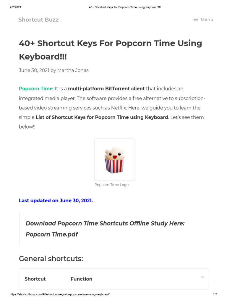 40 Shortcut Keys For Popcorn Time Using Keyboard1 | PDF | Keyboard ...
