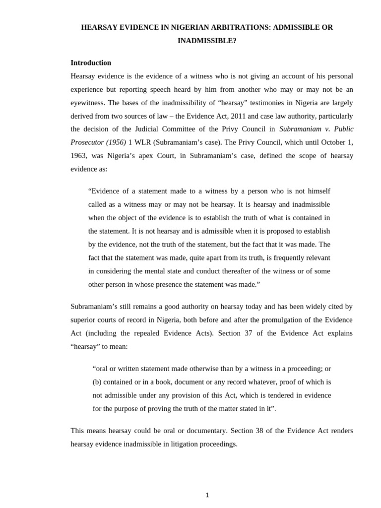 Admissibility of Hearsay Evidence in Arbitration | PDF | Hearsay | Witness