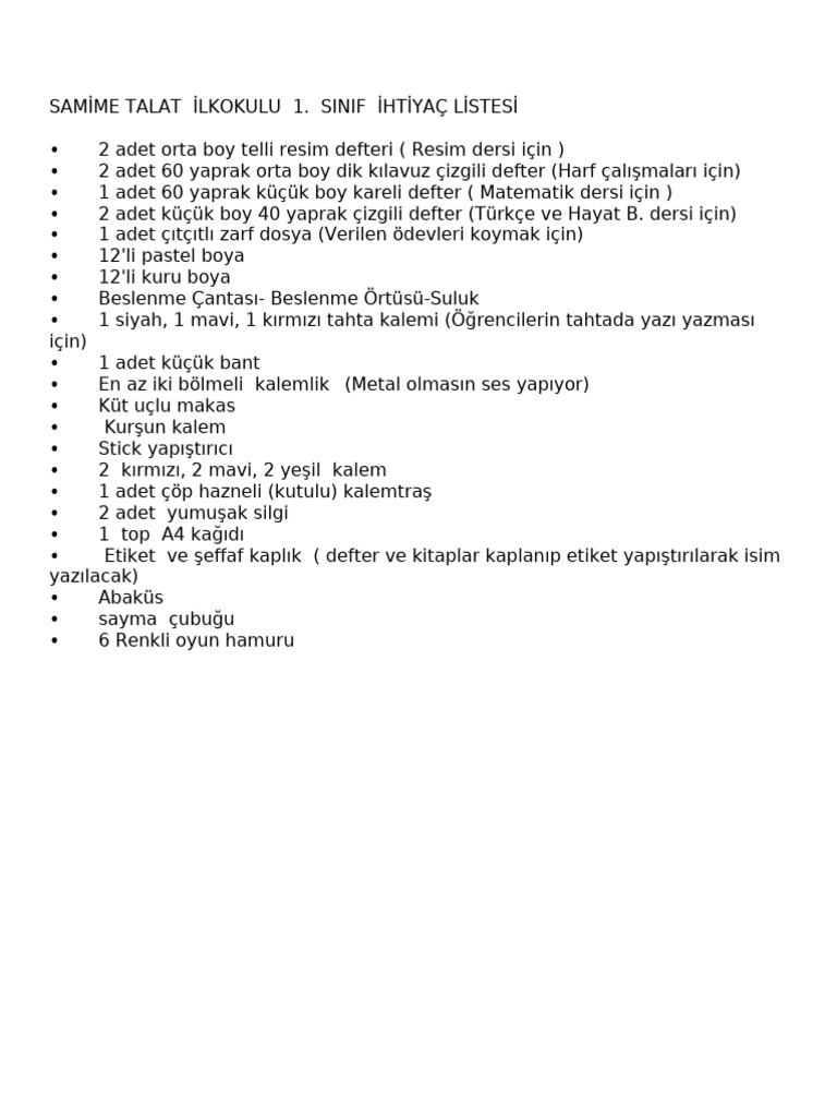 Sınıf Ihtiyaç Listesi Kopyası | PDF