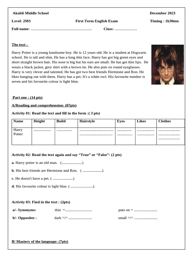 2ms Exam111111111111111111111 | PDF | Harry Potter