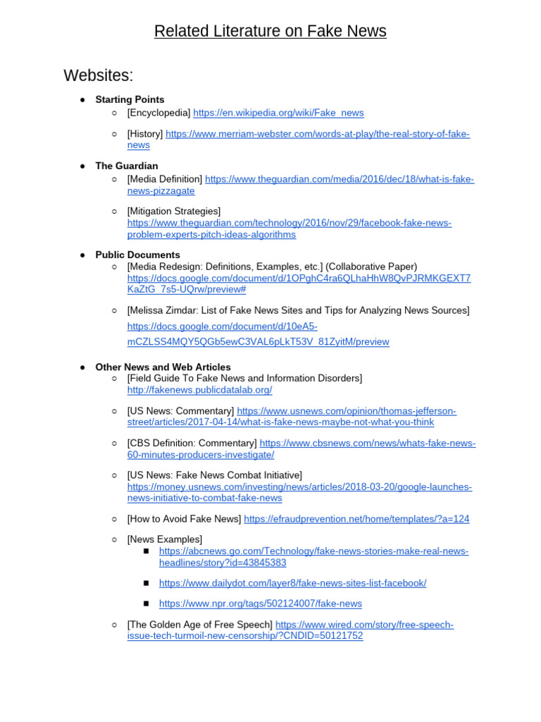 Fake News - Sources and Related Literature | PDF | Communication ...
