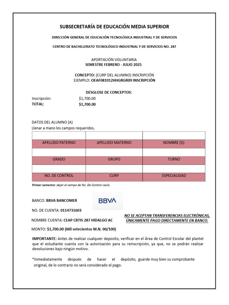 Inscripción CBTIS 287 Semestre 2025 | PDF