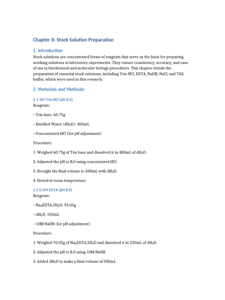 Stock Solution Preparation | PDF | Ph | Chemical Substances