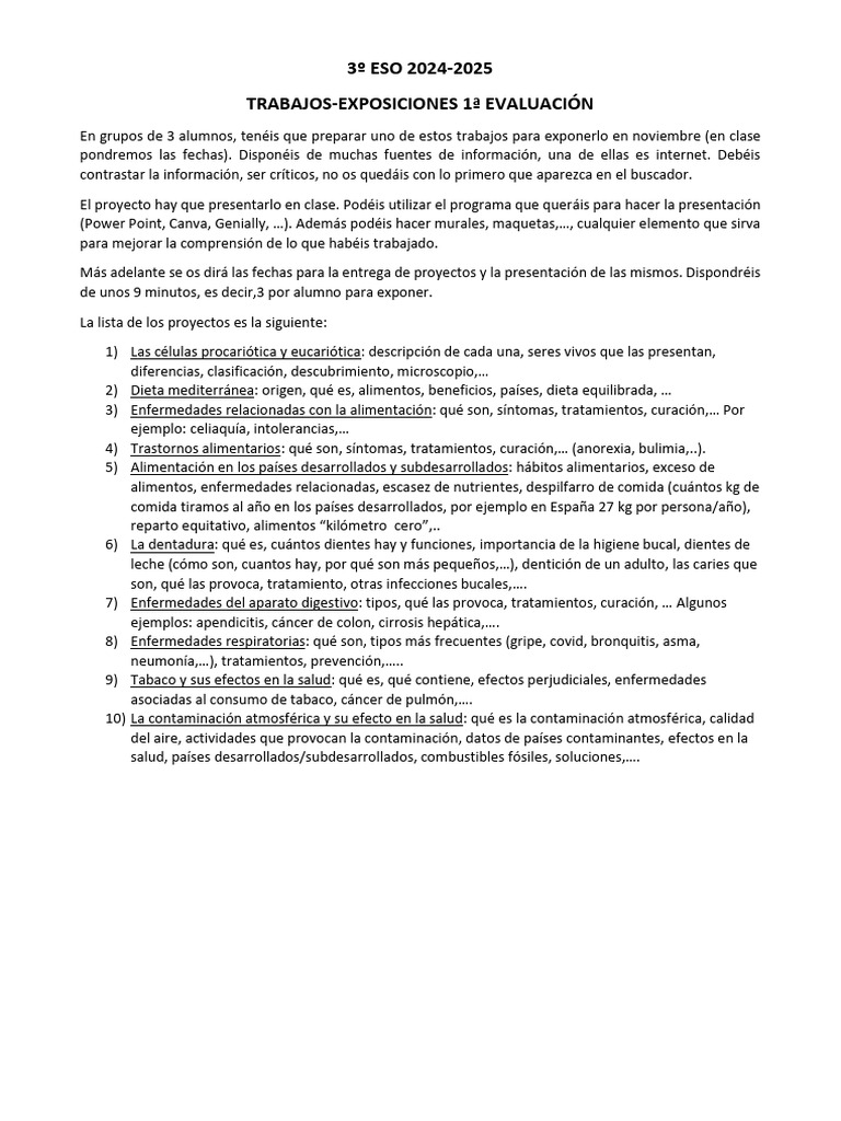 Trabajos-Exposiciones 1º Eval 3ºeso 24-25 | PDF | Alimentos | Contaminación