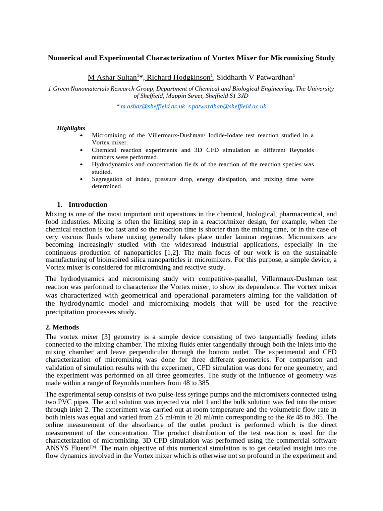 Numerical and Experimental Characterization of Vortex Mixer For Micromixing Study | PDF | Fluid ...
