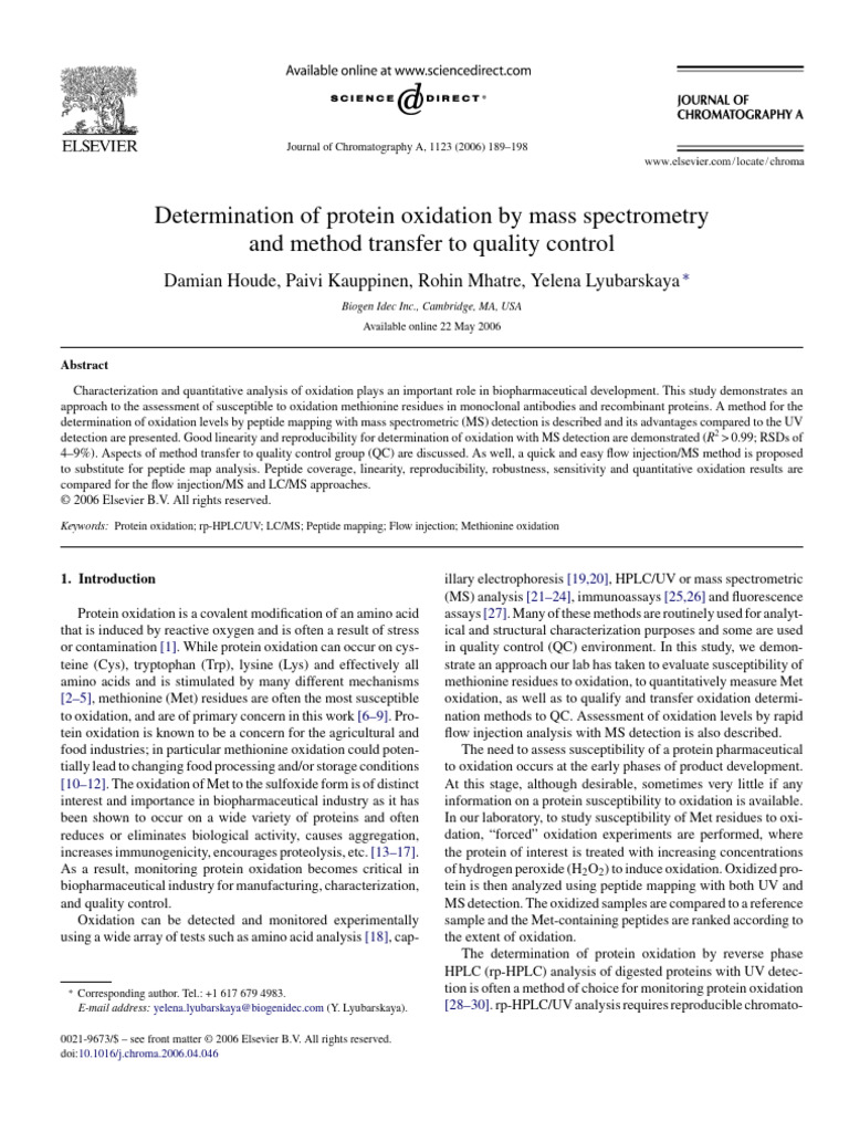 Determination of Protein Oxidation by Mass Spectrometry | PDF | Mass ...