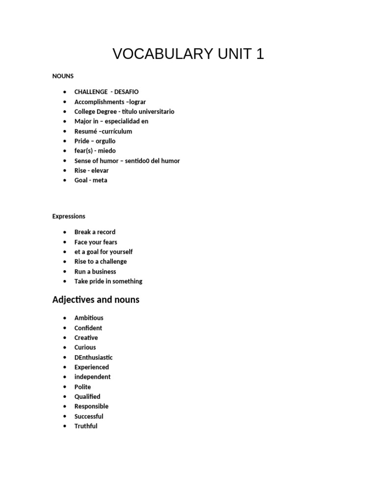 Vocabulary Unit 1 2.0 | PDF