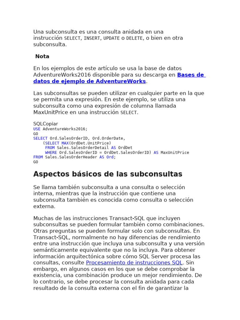 Una Subconsulta Es Una Consulta Anidada en Una Instrucción | PDF | SQL ...