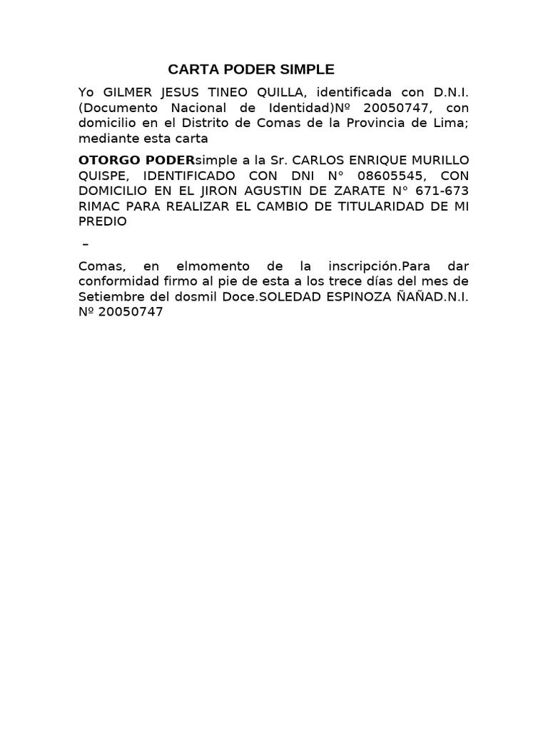 Carta Poder Simple para Cambio de Titularidad | PDF