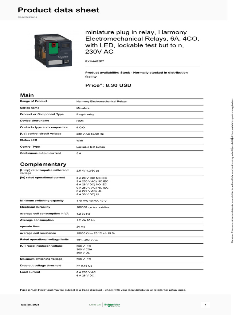 Schneider Electric Harmony-Electromechanical-Relays RXM4AB2P7 | PDF ...