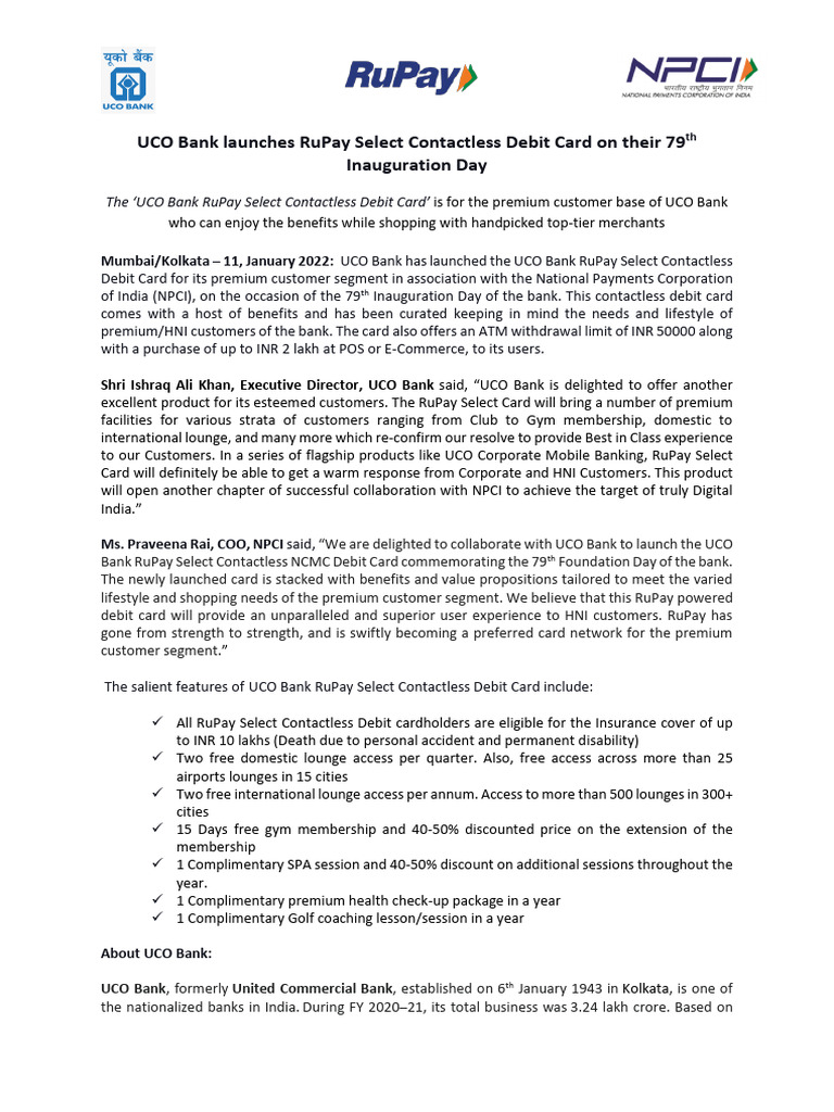 NPCI Press Release UCO Bank Launches RuPay Select Contactless Debit CA ...