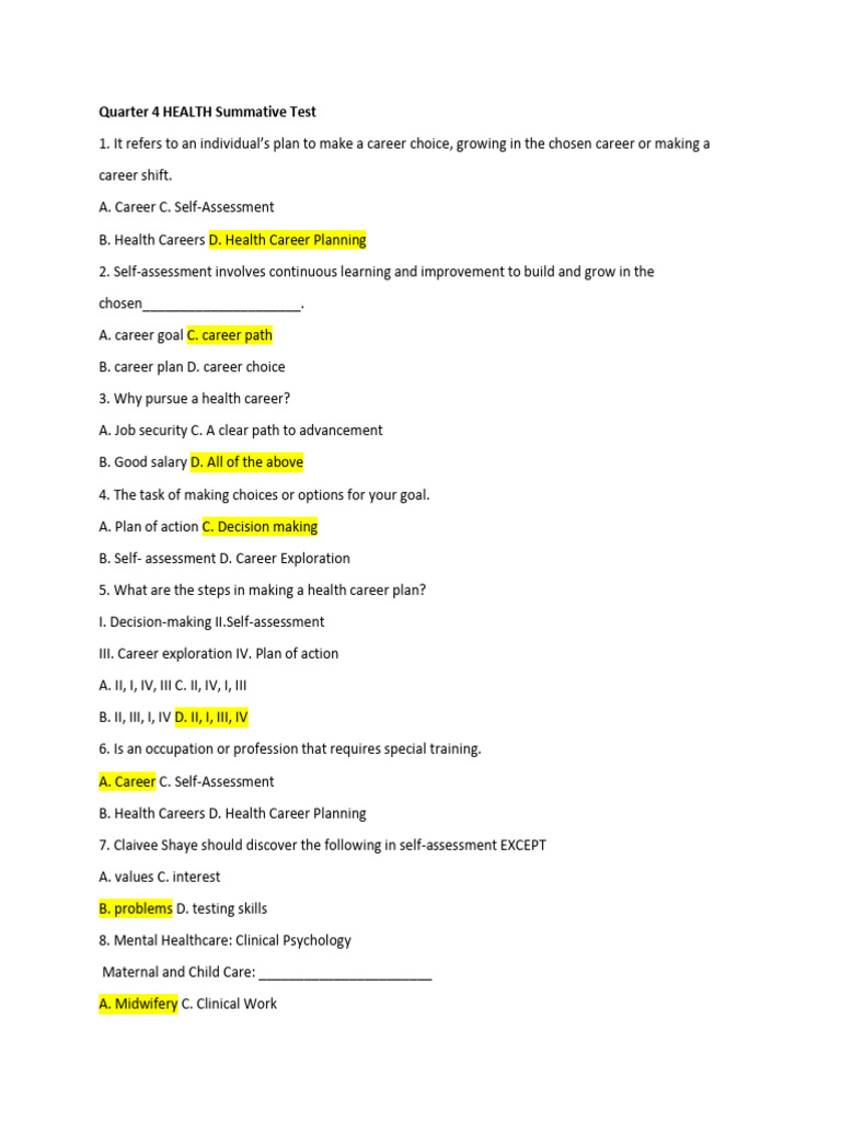 Quarter 4 HEALTH Summative Test | PDF | Health Professional | Medicine