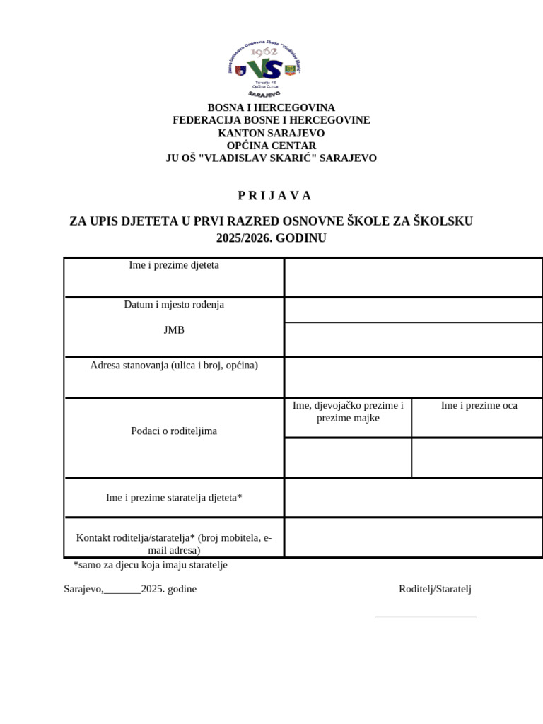 PRIJAVA Za Upis Djeteta U Prvi Razred | PDF