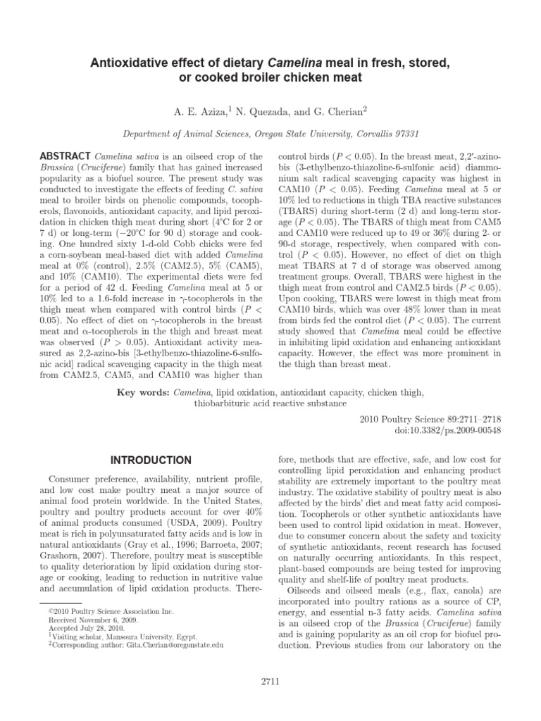 Antioxidative Effect of Dietary Camelina Meal in Fresh, Stored, | PDF ...
