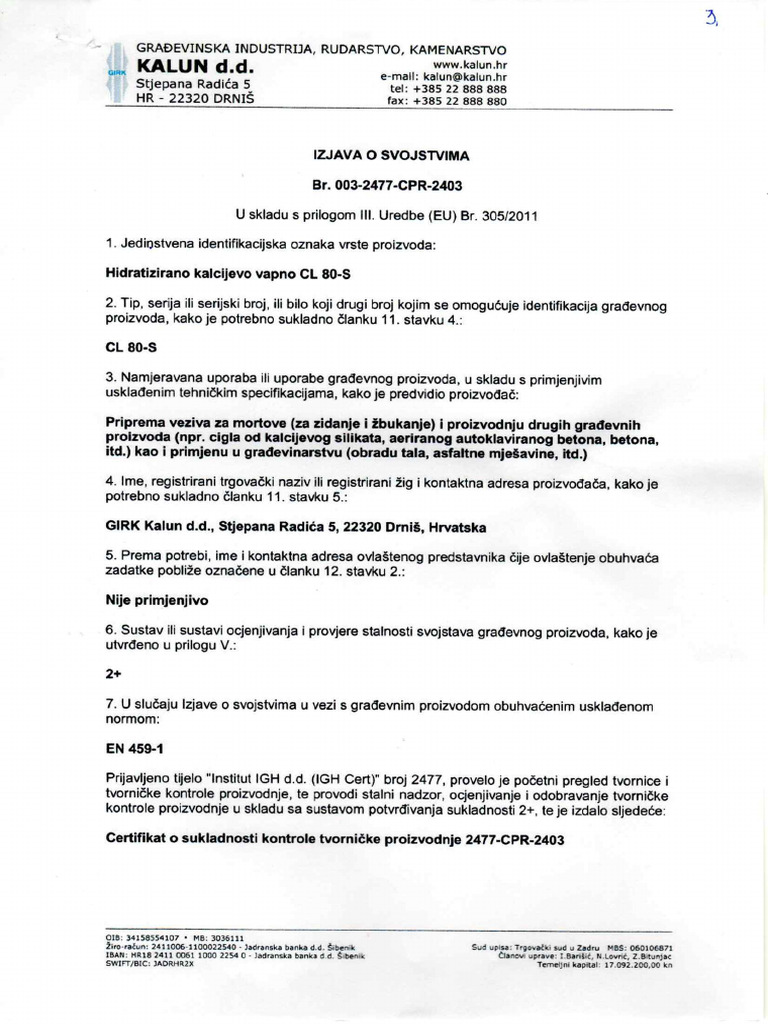 Izjava o Svojstvima Kalun - Hidratizirano Kalcijevo Vapno-Priprema ...