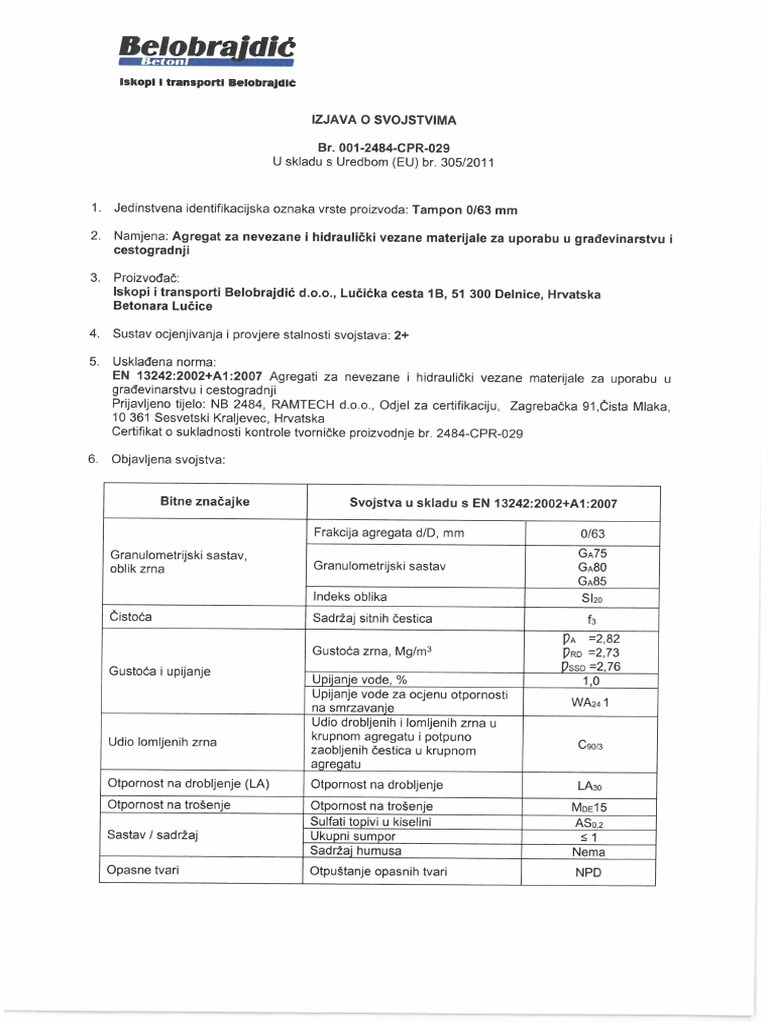 Izjava o Svojstvima - Tampon 0-63 MM | PDF