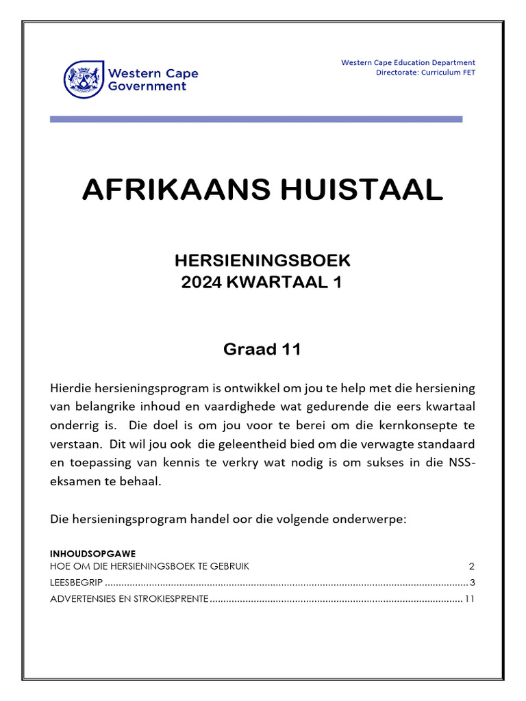 GR 11 Afrikaans HT Hersieningsboek KW 1 - 2024 | PDF