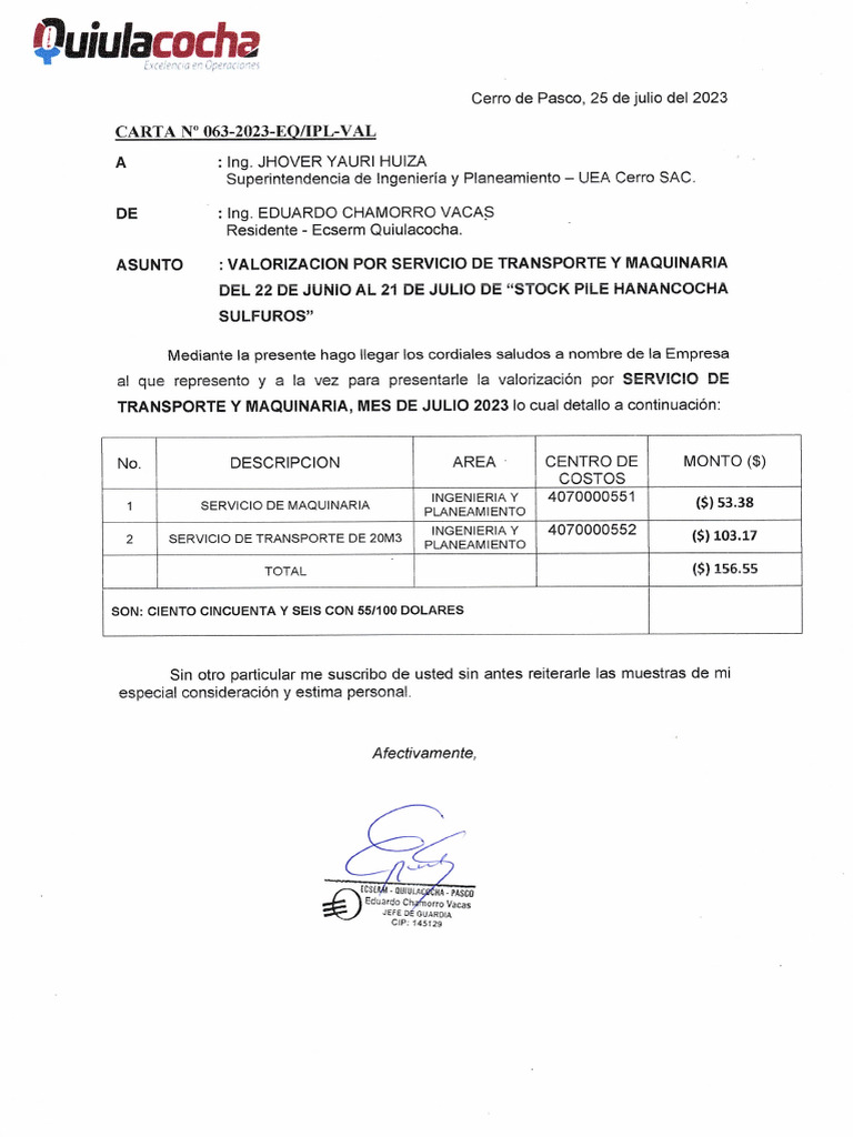 Carta #063-2023-Ipl-Sp Han Sulf | PDF