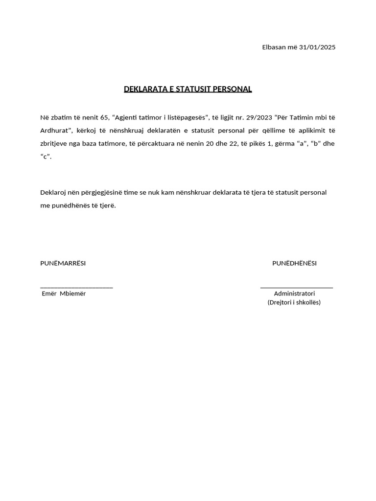 Deklarata e Statusit Personal | PDF