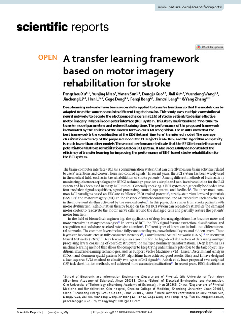 A Transfer Learning Framework Based On Motor Imagery Rehabilitation For Stroke | PDF | Deep ...