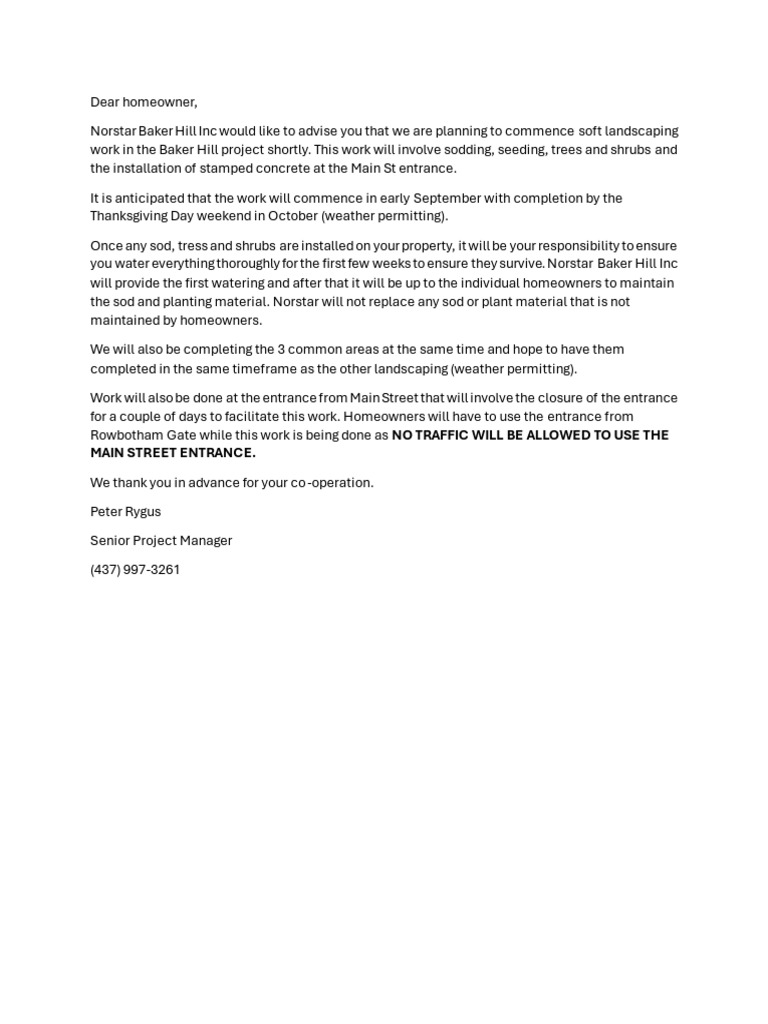 Landscaping Letter To Homeowners | PDF