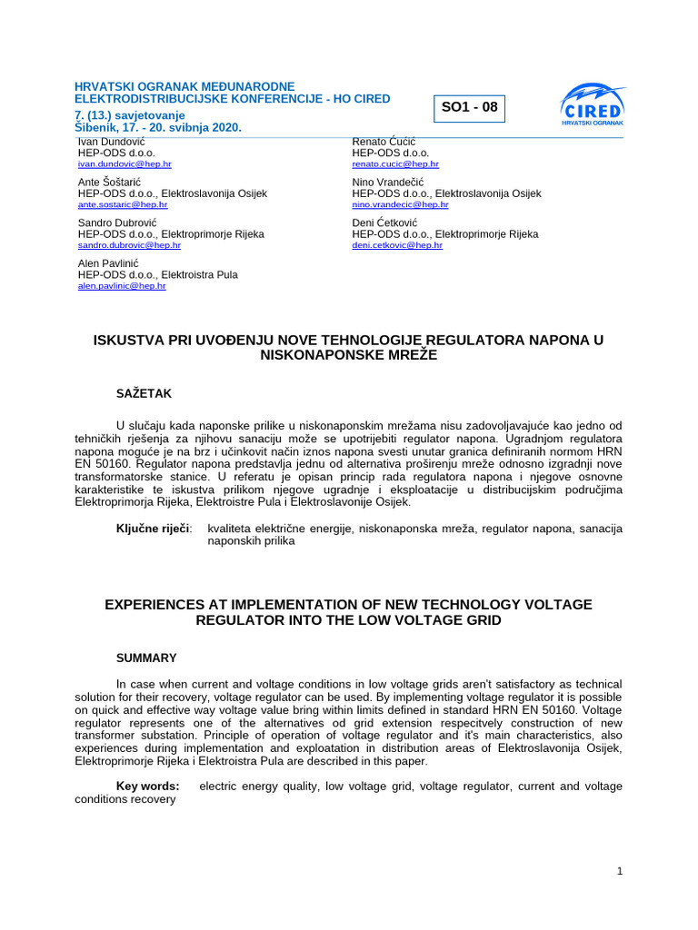 SO1 - 08 - Iskustva Pri Uvođenju Nove Tehn. Reg. Napona U NN Mreze - HO CIRED SIBENIK 2020 | PDF