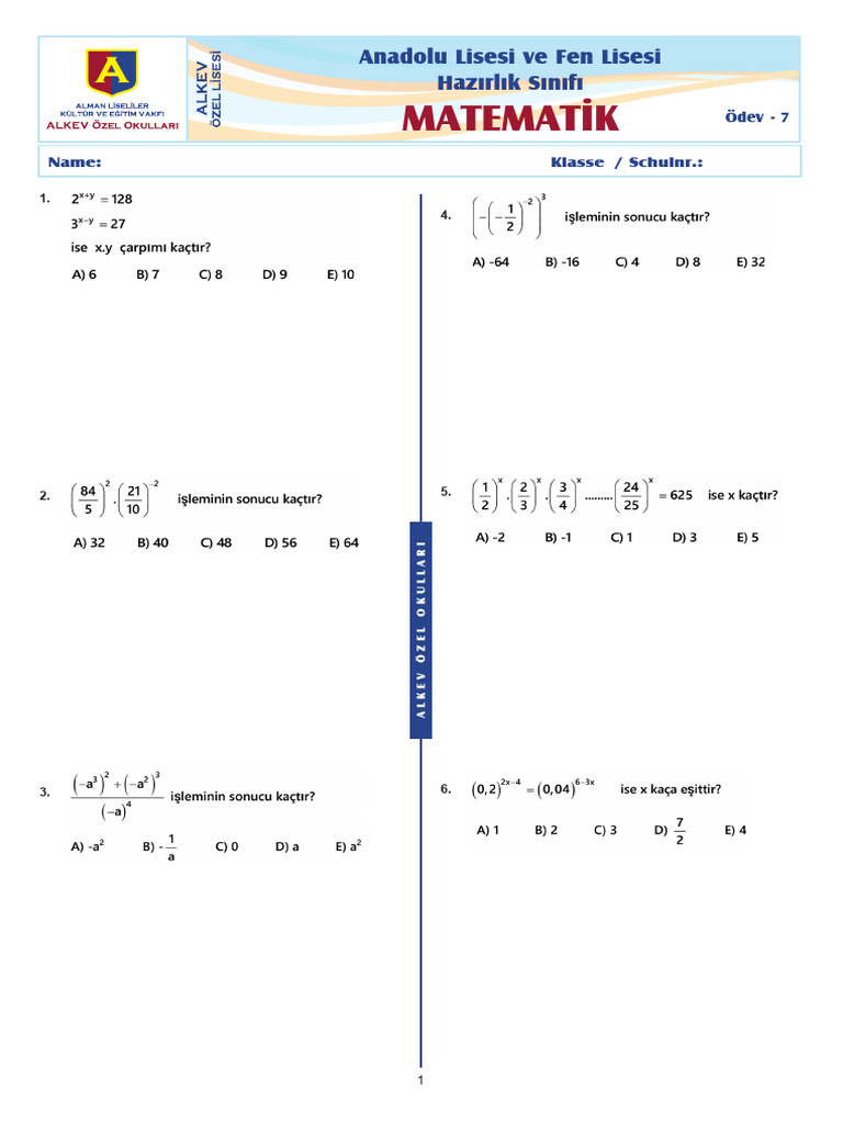 Hazirlik Sinifi Anadolu Ve Fen Lisesi - MATEMATIK - Odev - 7 | PDF