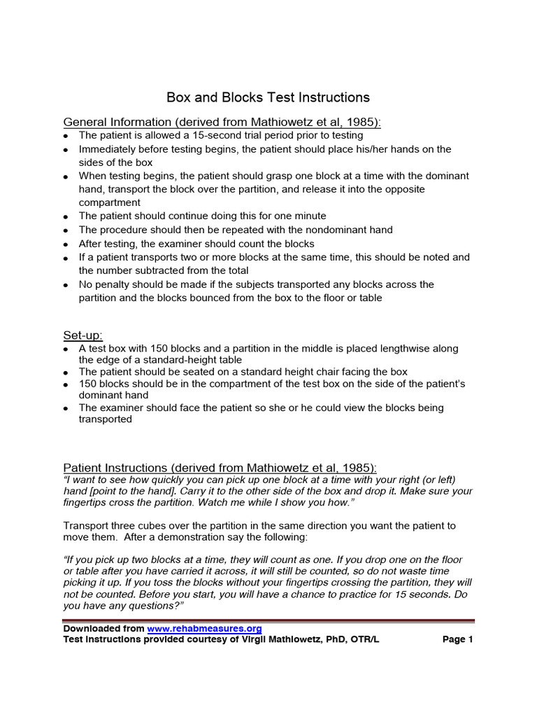 Box and Blocks Test Instructions | PDF